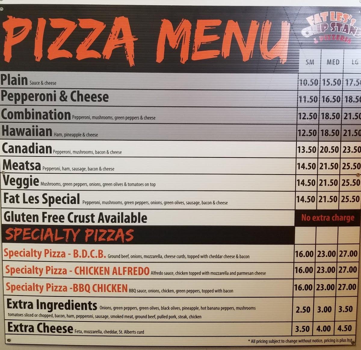 Menu at Fat Les's Chip Stand & Pizzeria (Osgoode), Ottawa