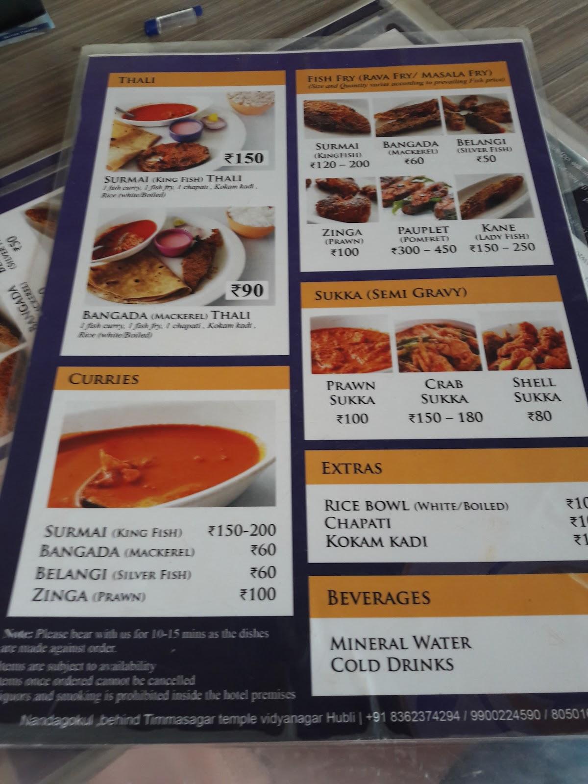 Menu at Only Fish, Hubballi