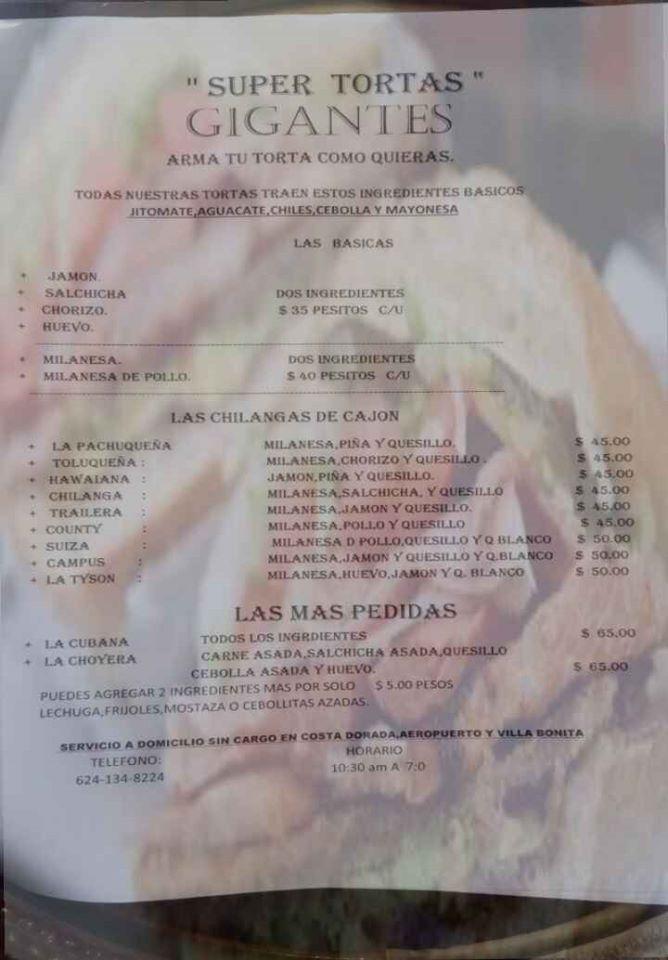 Menu at Super tortas costa dorada, Las Veredas