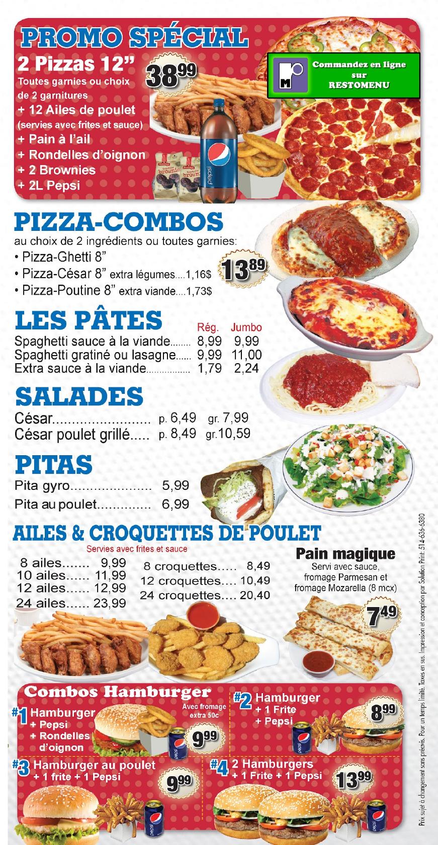 Menu at Alex O Pizza 2 pour 1 pizzeria, Brossard
