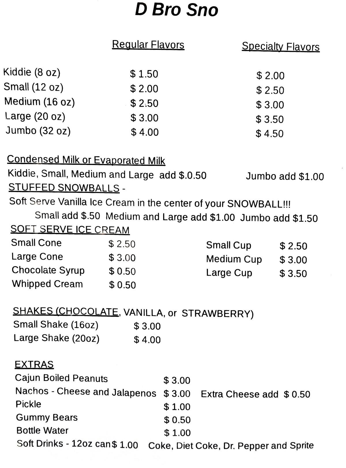 Menu at D-Bro Sno restaurant, Gonzales