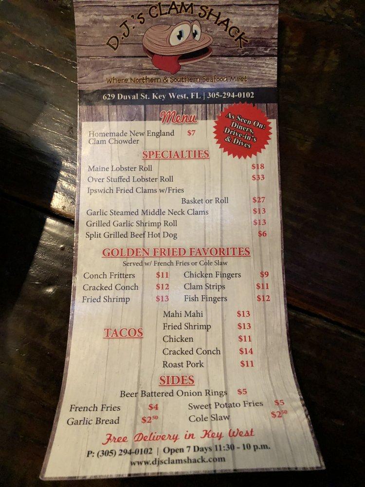 Menu at DJ's Clam Shack restaurant, Key West