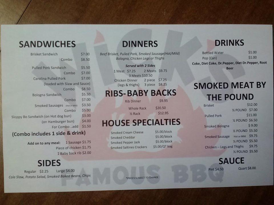 Menu at Wick's Famous BBQ, Stillwater