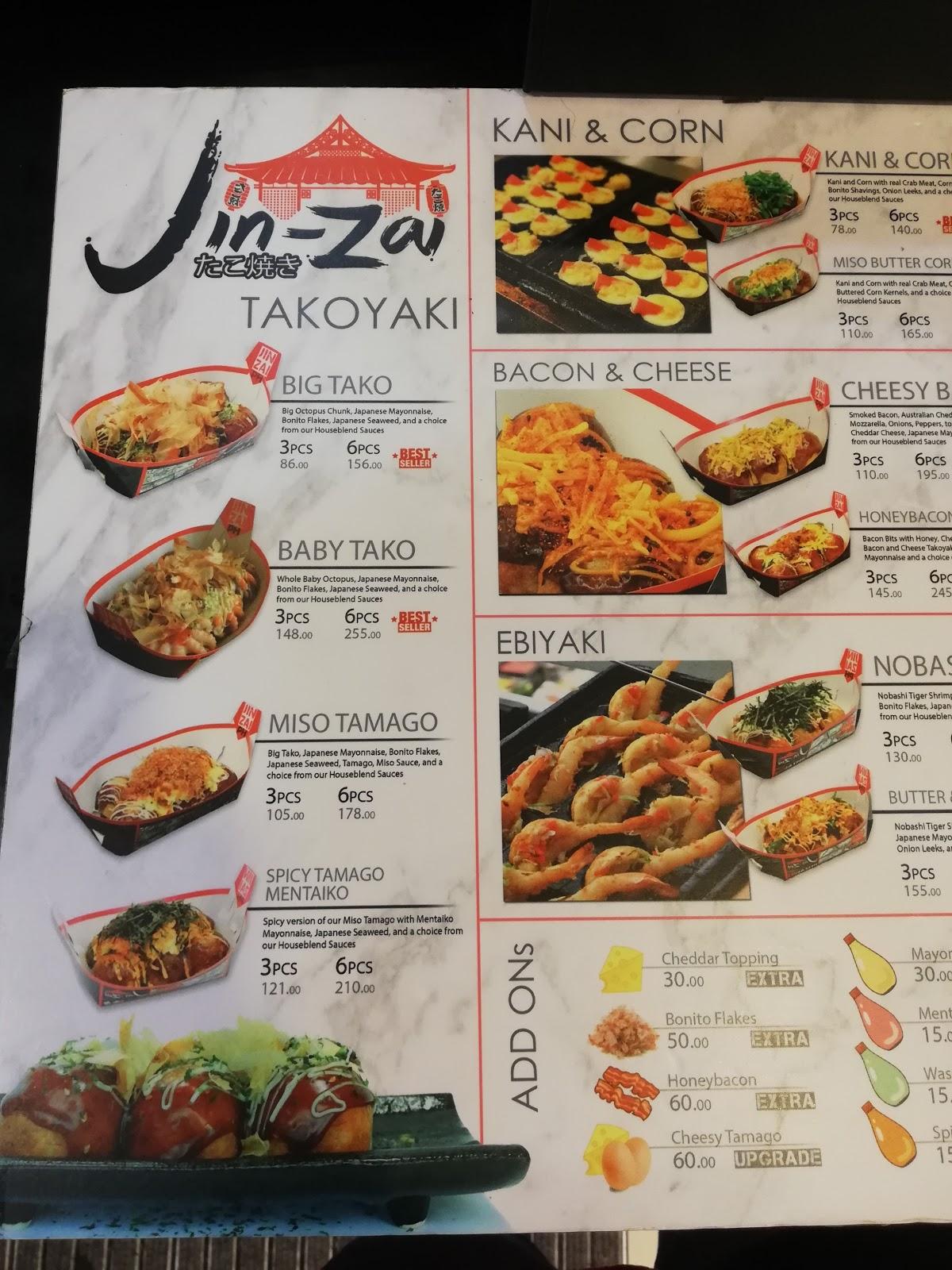 Menu at Jin-Zai Takoyaki restaurant, Makati, San Lorenzo Place