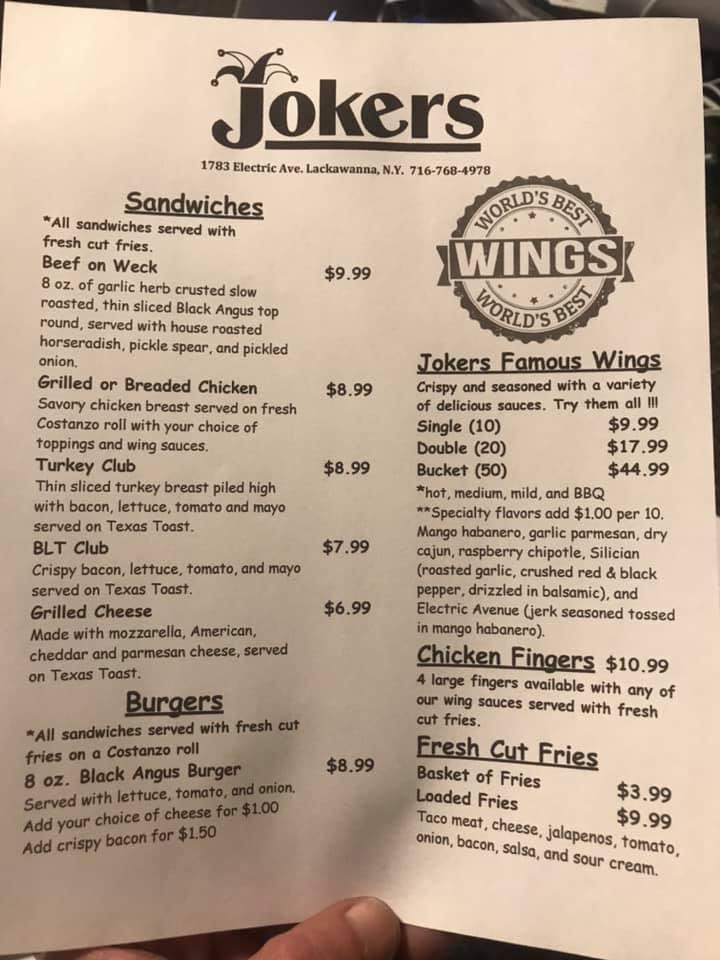 Menu at Jokers Bar, Lackawanna