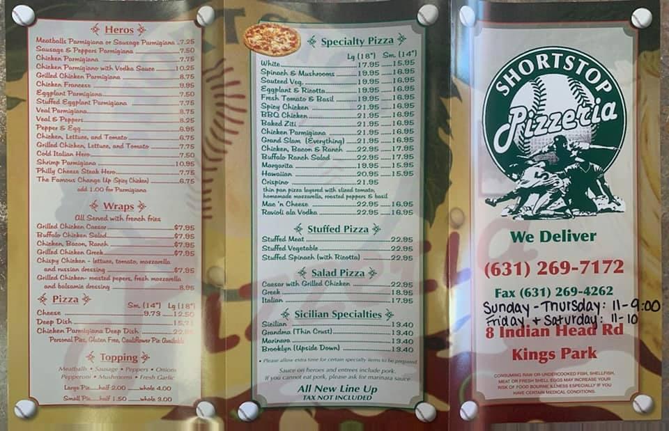Menu at shortstop pizza pizzeria, Kings Park
