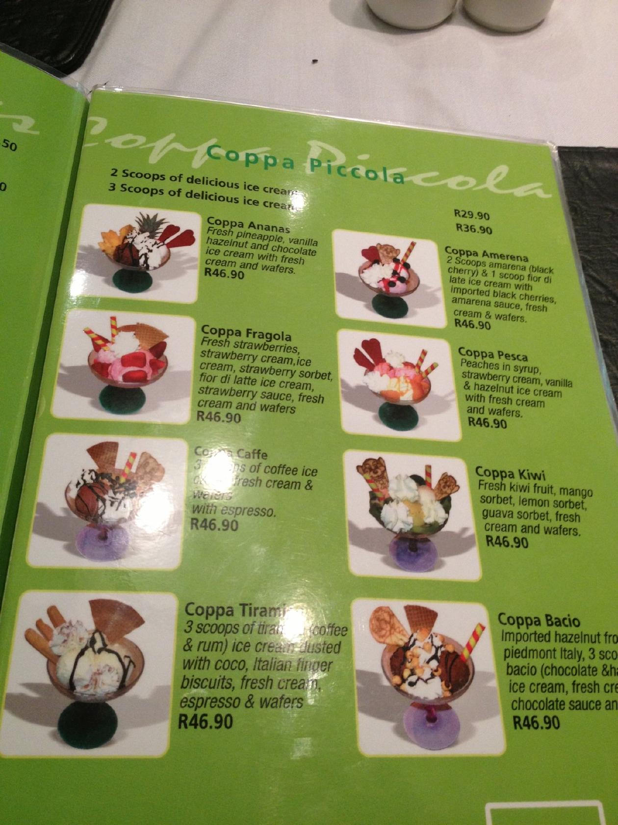 Menu at Baglios Gelateria desserts, Sandton