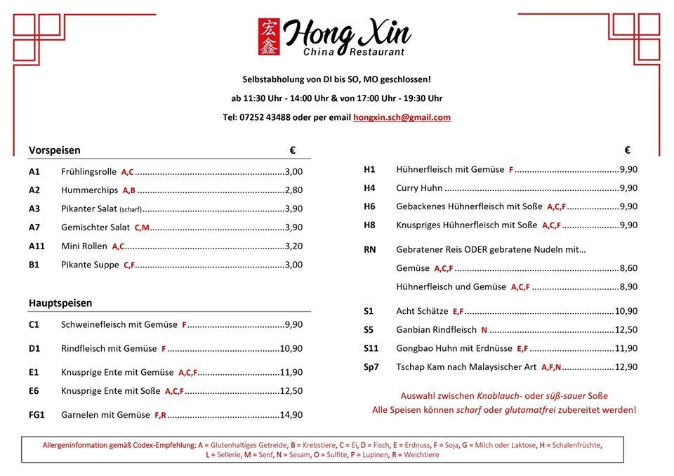 Menu at China Restaurant Hong Xin, Garsten