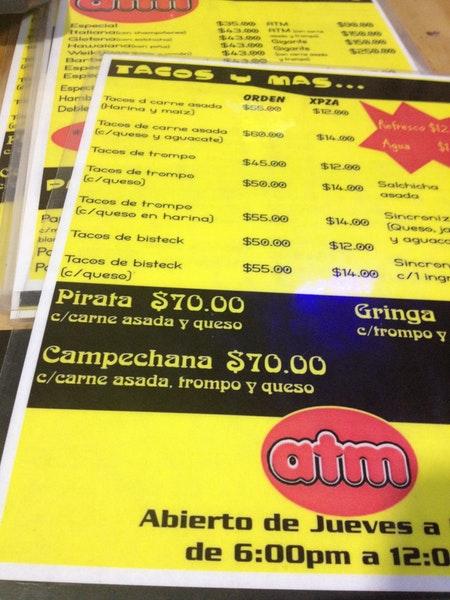 Menu at Hamburguesas ATM restaurant, Monterrey