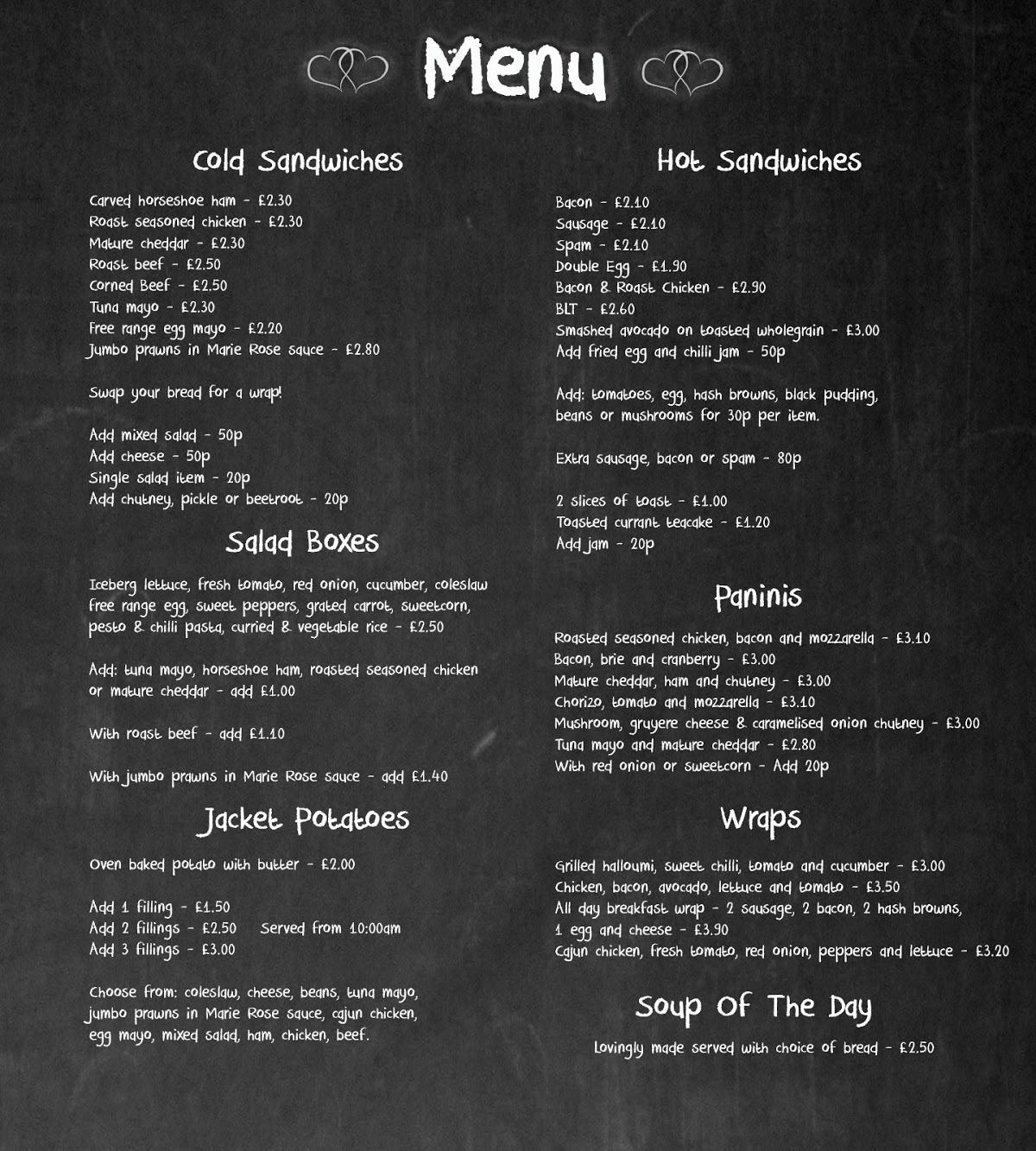 Menu at Mrs B's Sandwich & Coffee Hut restaurant, Halifax
