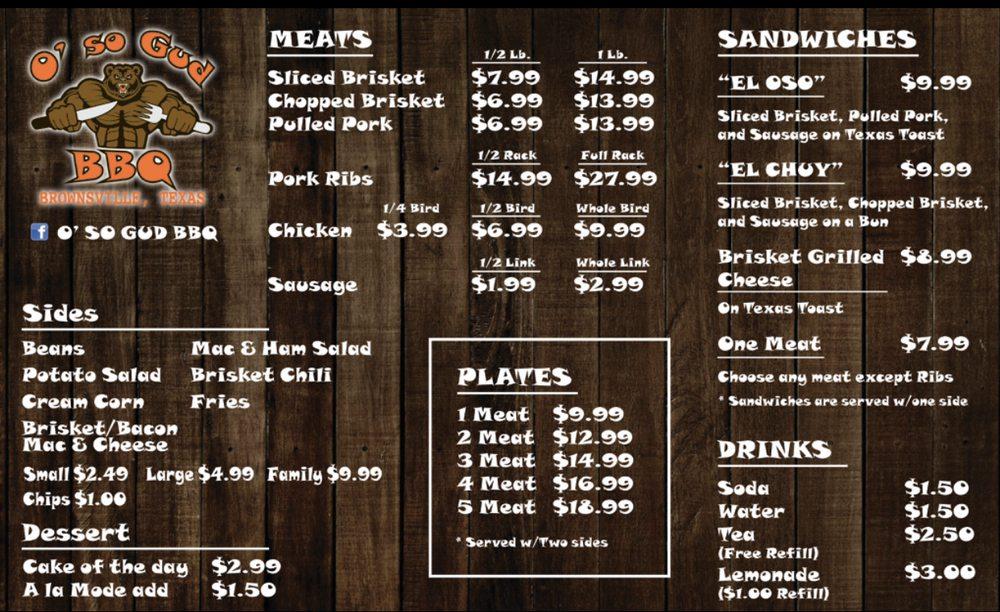 Menu at O'So Gud BBQ, Brownsville, W Alton Gloor Blvd