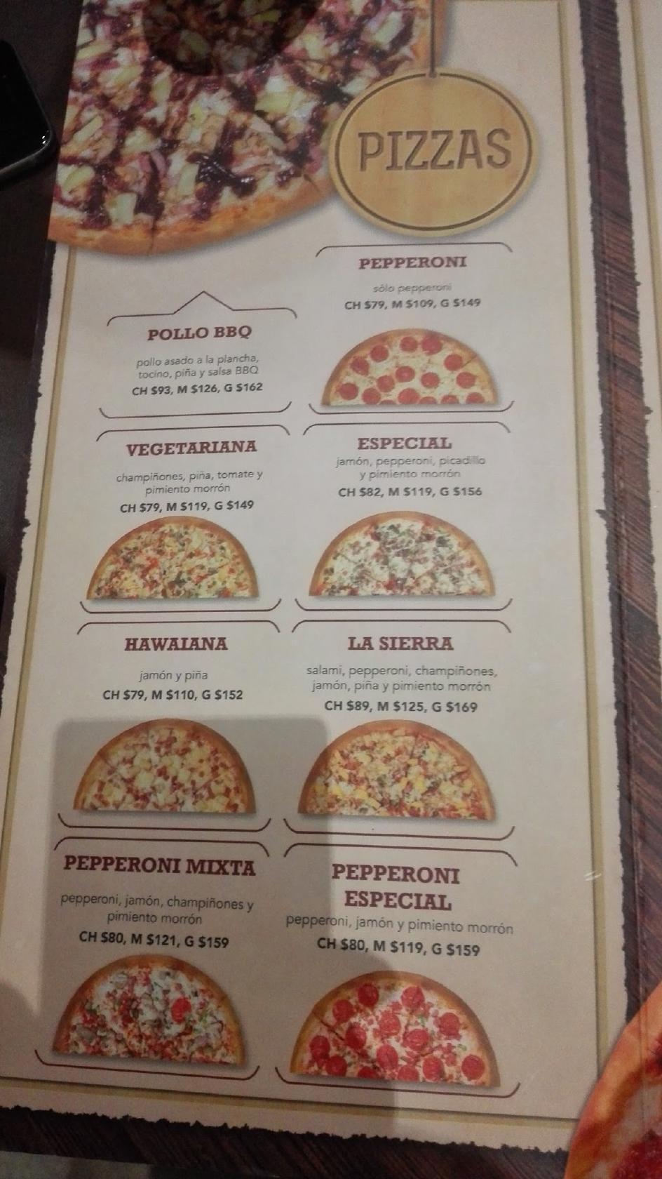 Carta de Pizzería La Sierra, Torreón, Blvd. Independencia #20 Nte
