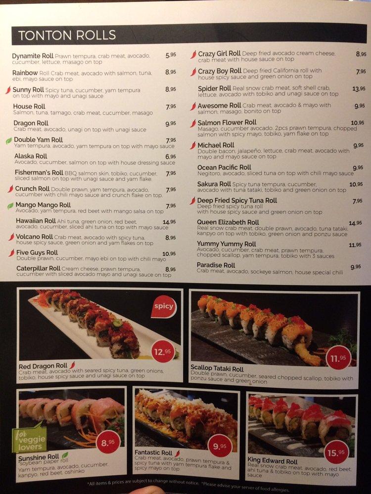 Menu at Sushi TonTon restaurant, Vancouver, Cambie St