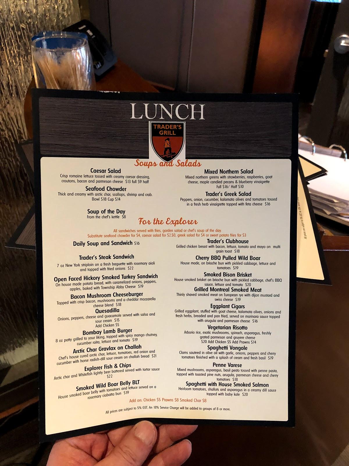 Menu at Trader’s Grill restaurant, Yellowknife