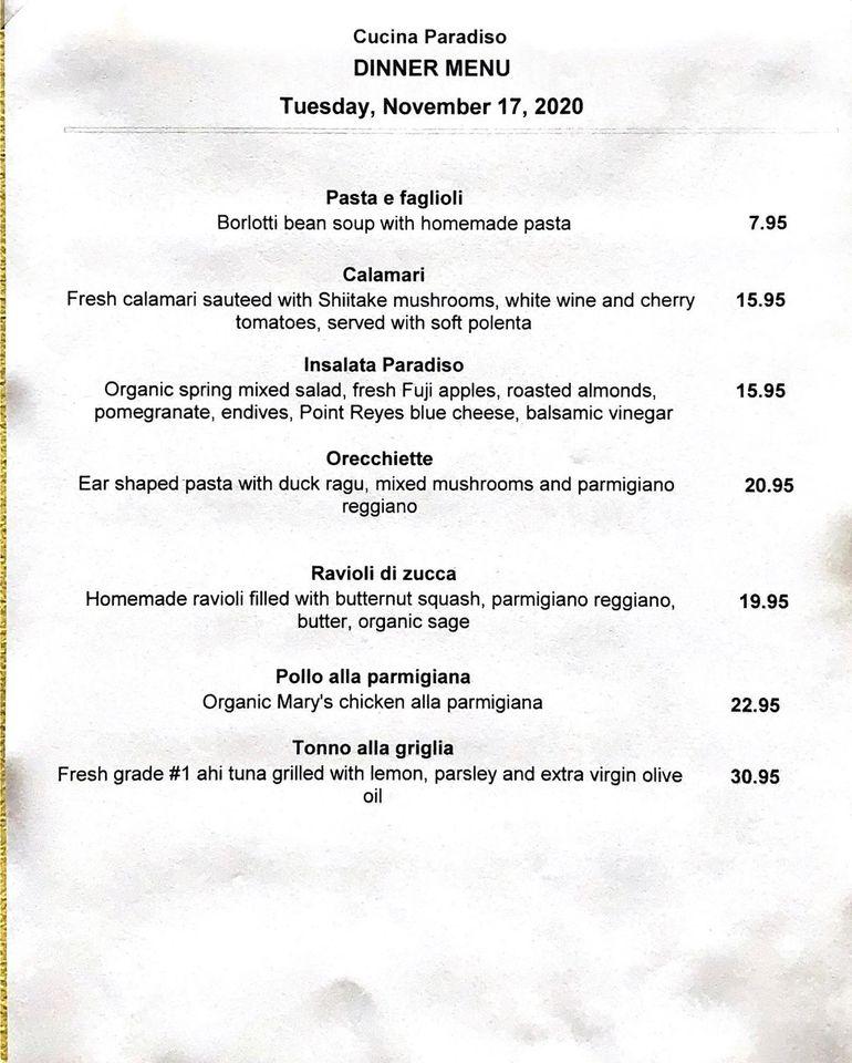 Menu at Cucina Paradiso restaurant, Petaluma