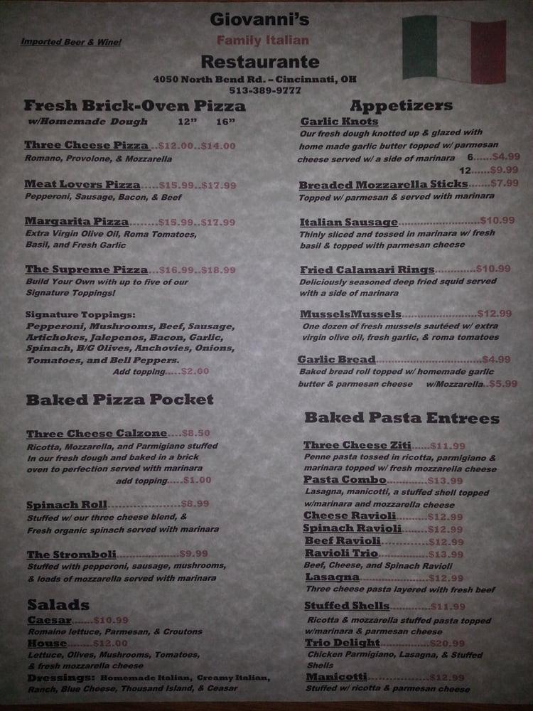 Menu at Giovanni's Family Italian Restaurant, Cincinnati