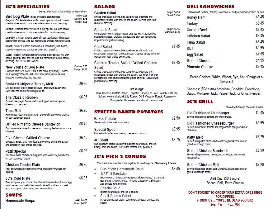 Menu at J C's Sandwich Shoppe restaurant, Anderson