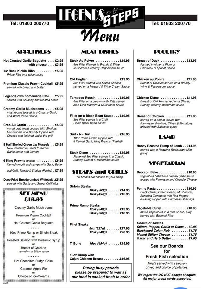 Menu at Legends restaurant, Torquay, 1A Fleet Street
