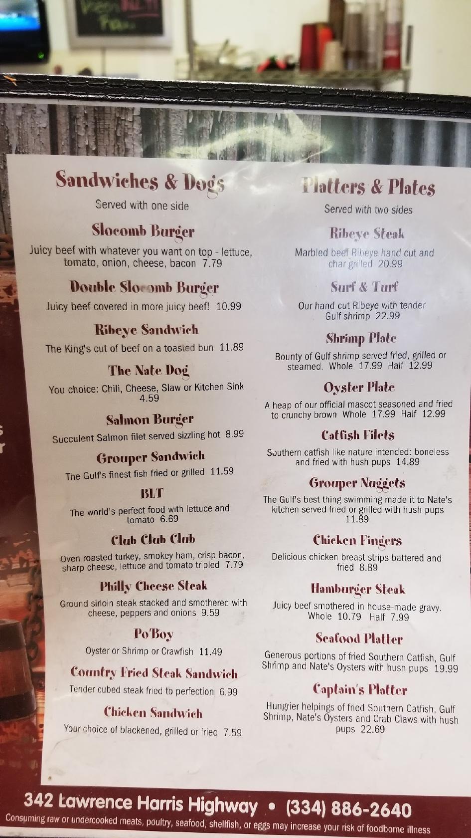 Menu at Nate's Oyster Bar, Slocomb, 342 Harris Hwy