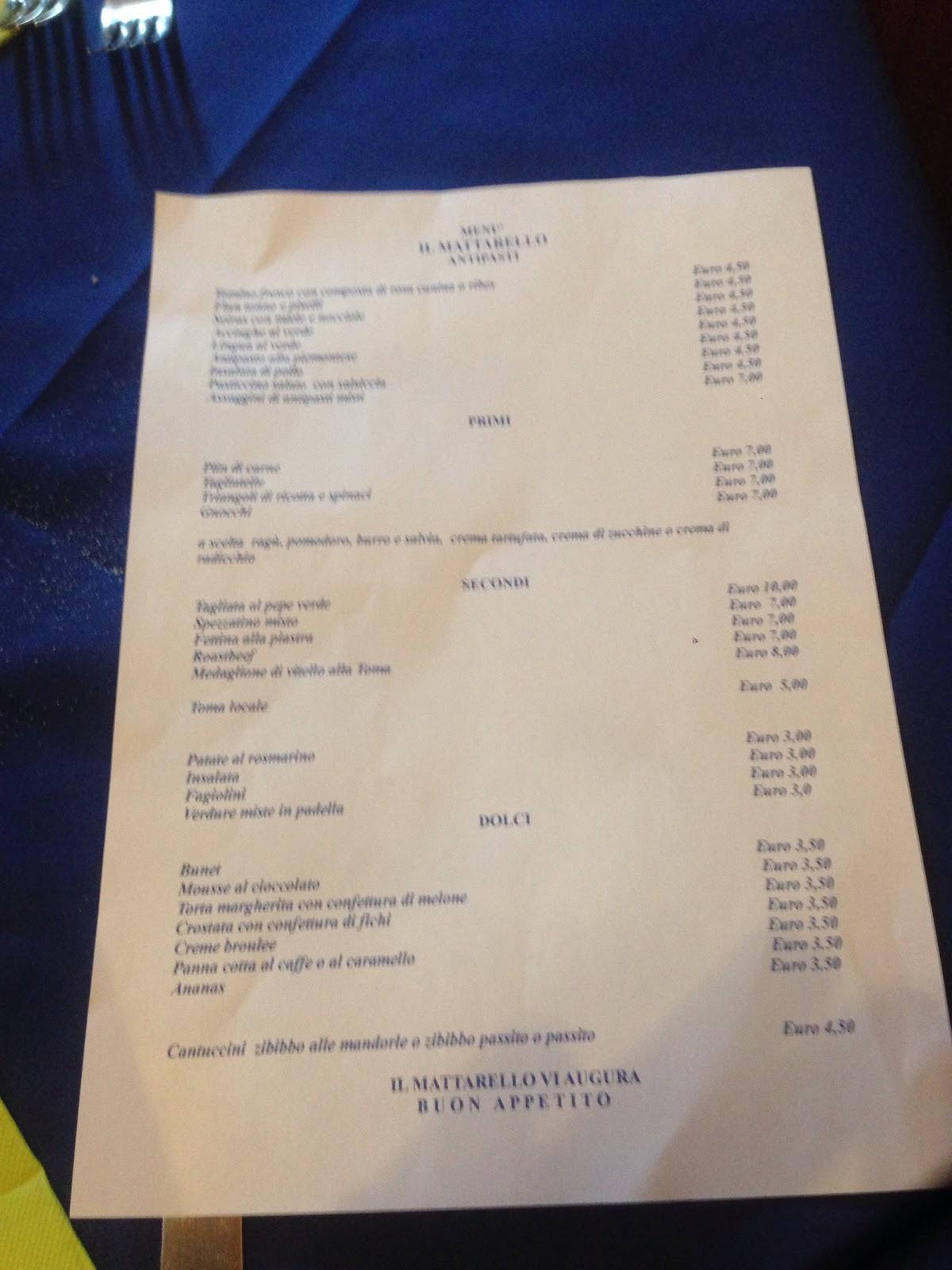 Menu da Trattoria Il Mattarello ristorante, San Sicario