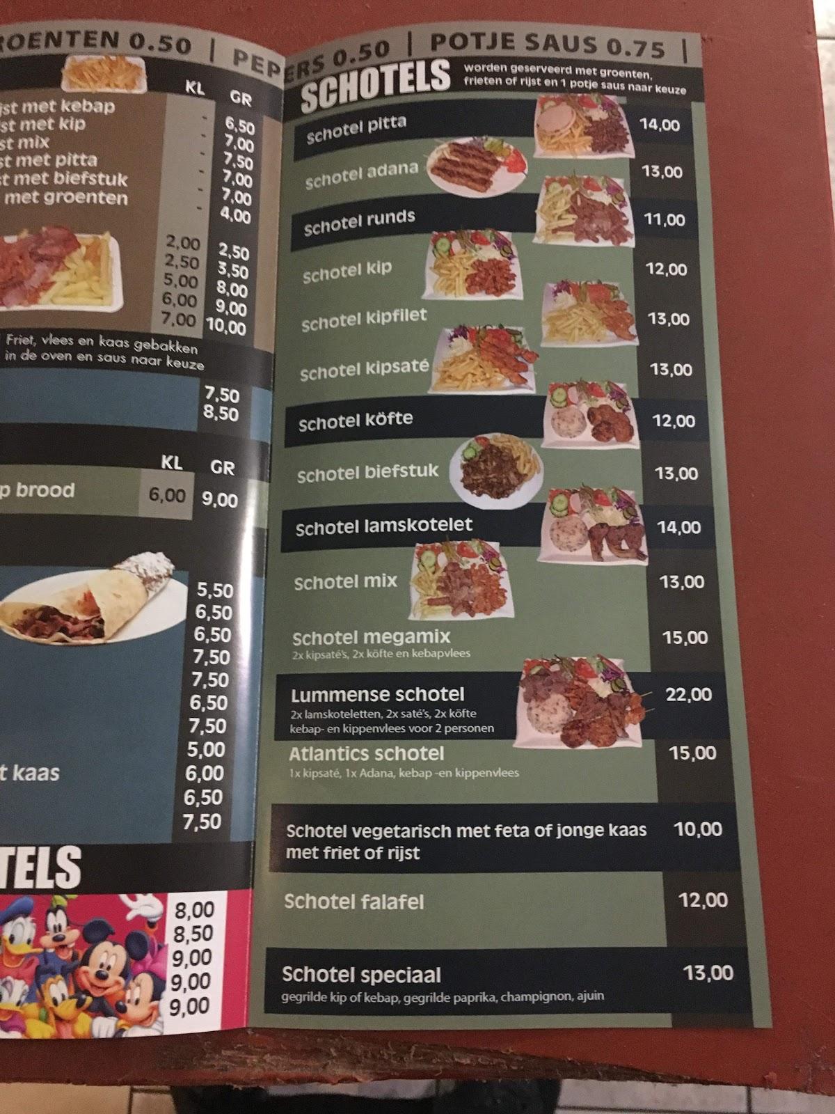 Menu at Atlantics BV, Lummen