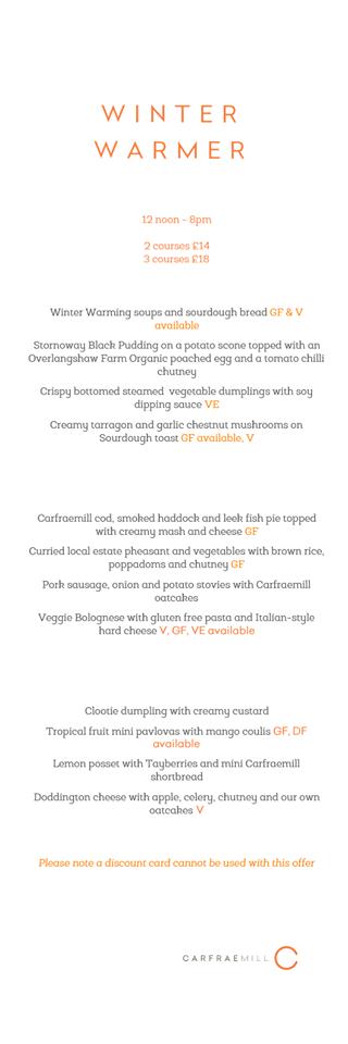 Menu at Carfraemill restaurant, England, Carfraemill Carfraemill