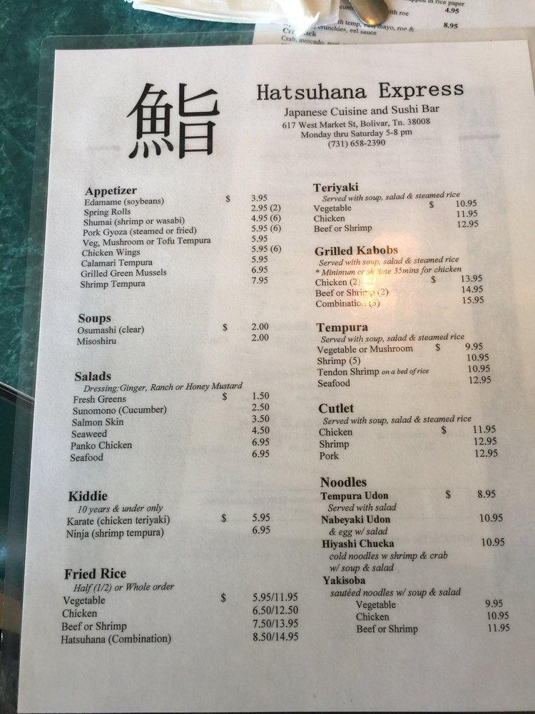 Menu at Hatsuhana Express restaurant, Bolivar