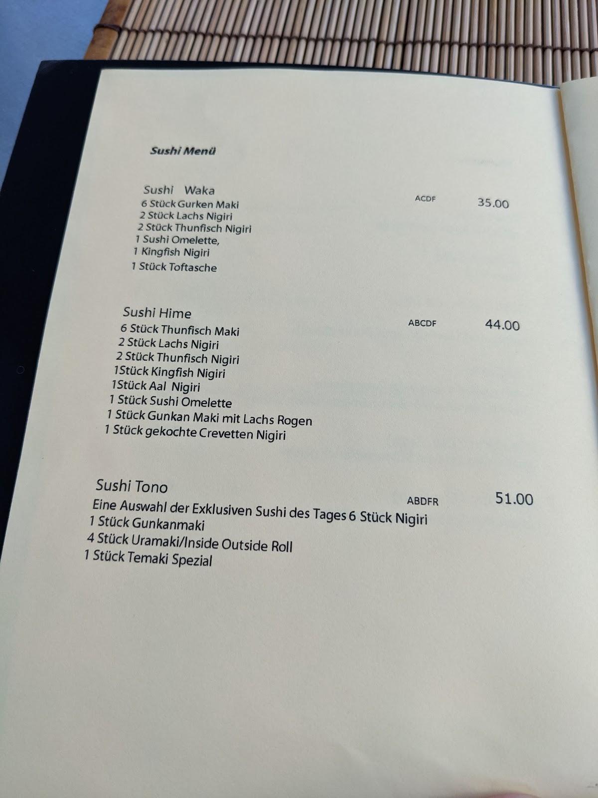 Menu da Sushi Dining Ototo, Zurigo, Nordstrasse 199