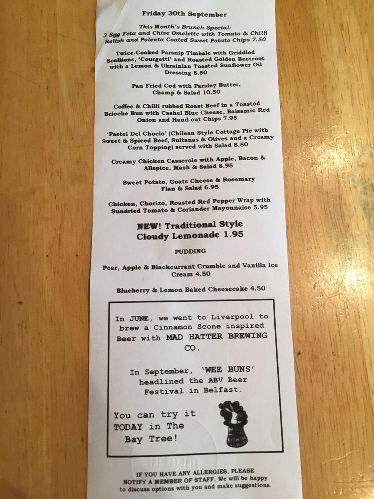 Menu at The Bay Tree cafe, Holywood
