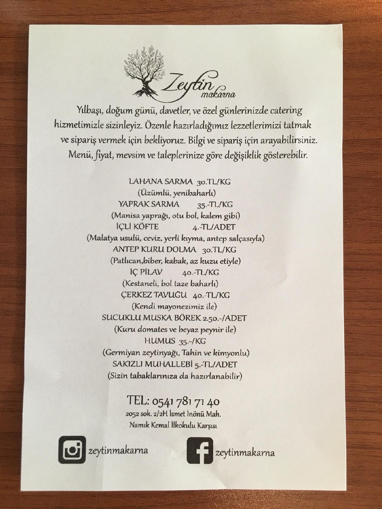 Menu at Zeytin Makarna, Çeşme,. Sk. no:2/2 h