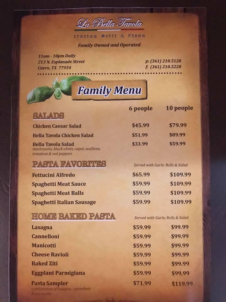 Menu at La Bella Tavola restaurant, Cuero
