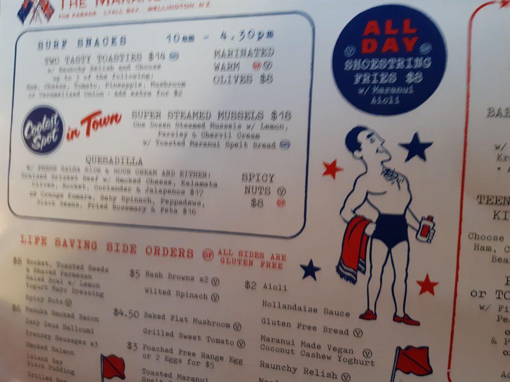 Menu at Maranui Cafe, Wellington