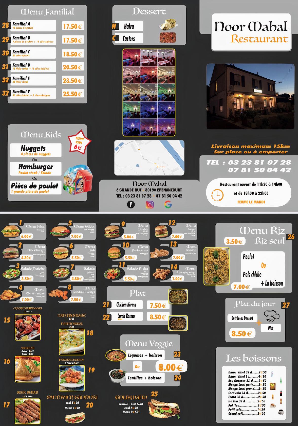 Menu at NOOR MAHAL restaurant, Épénancourt