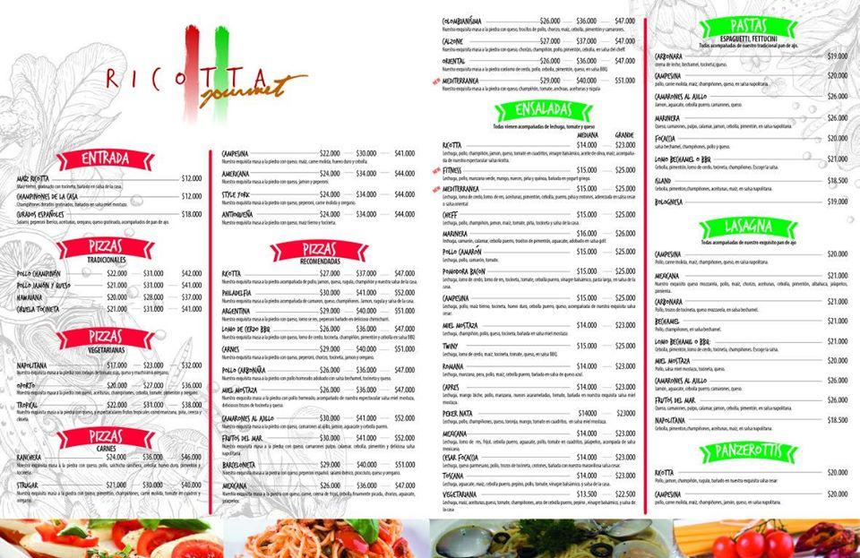 Menu at Ricotta Gourmet restaurant, Bucaramanga