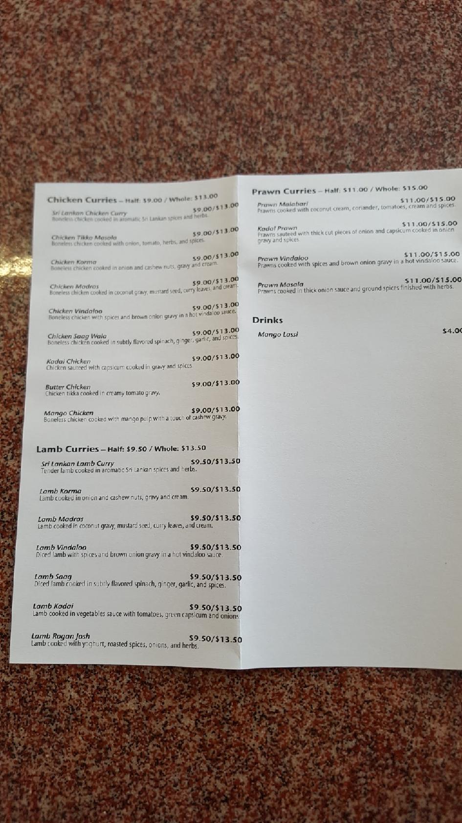 Menu at Roti Variety restaurant, Wellington