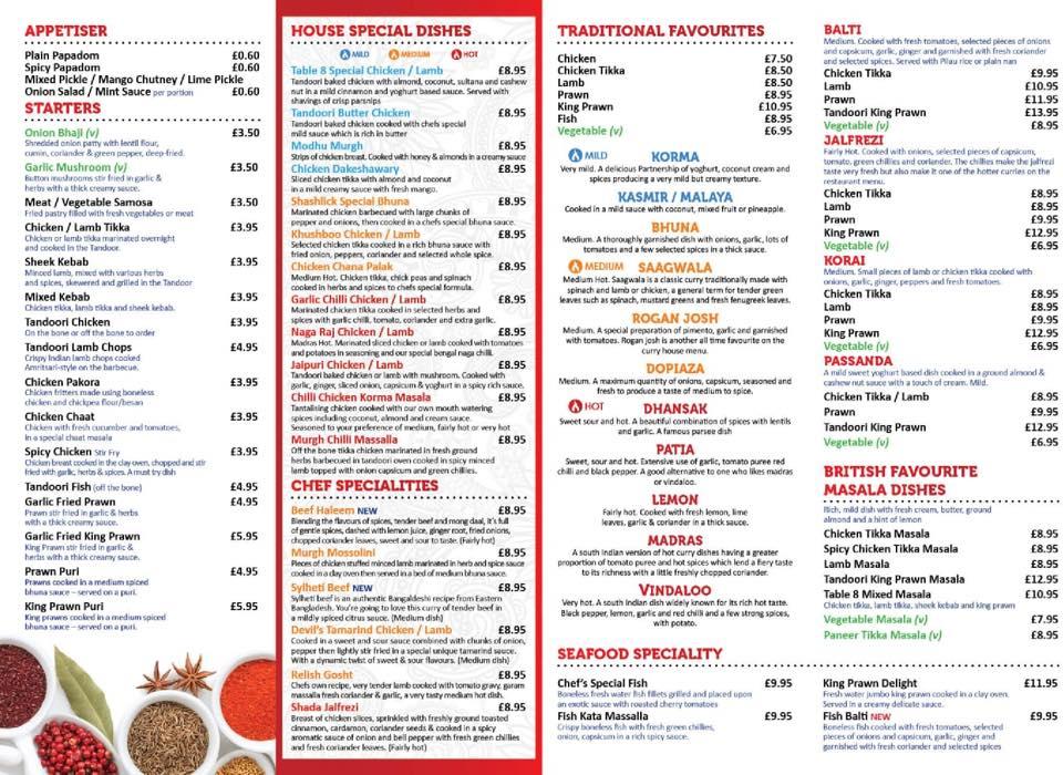 Menu at Table 8 restaurant, Wedmore