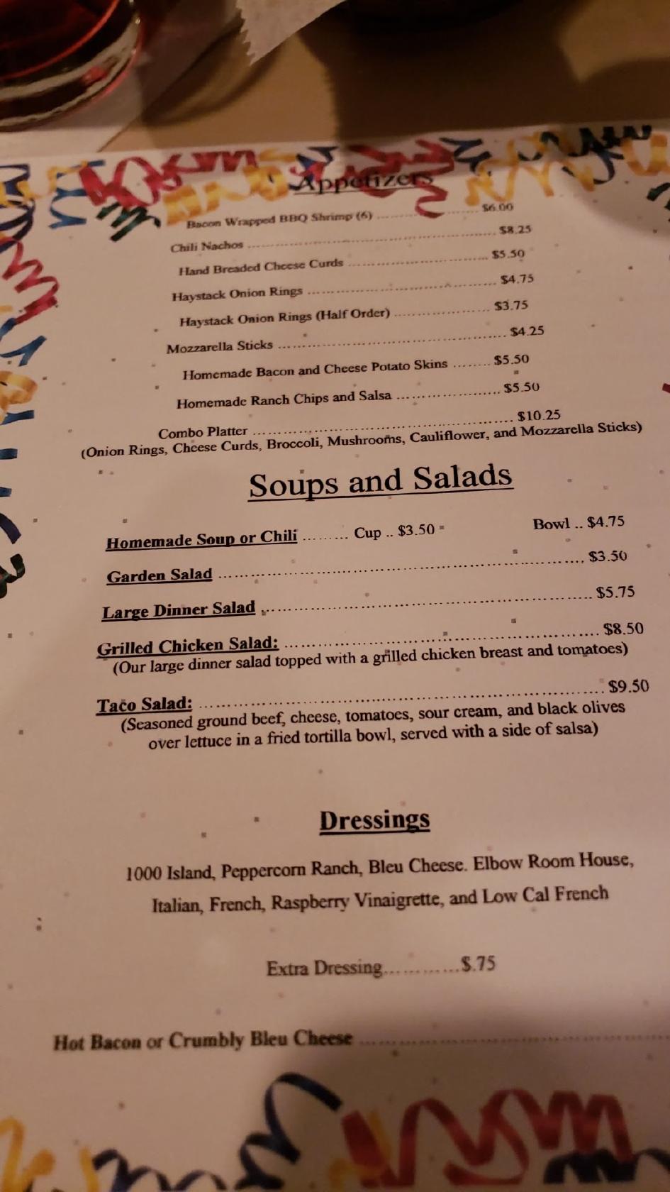Menu at The Elbow Room steakhouse, Manitowoc