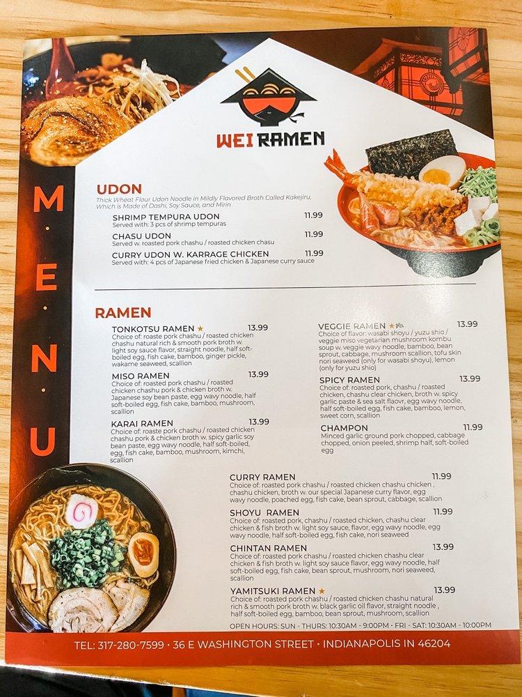 Menu at Wei Ramen restaurant, Indianapolis, 36 Washington St