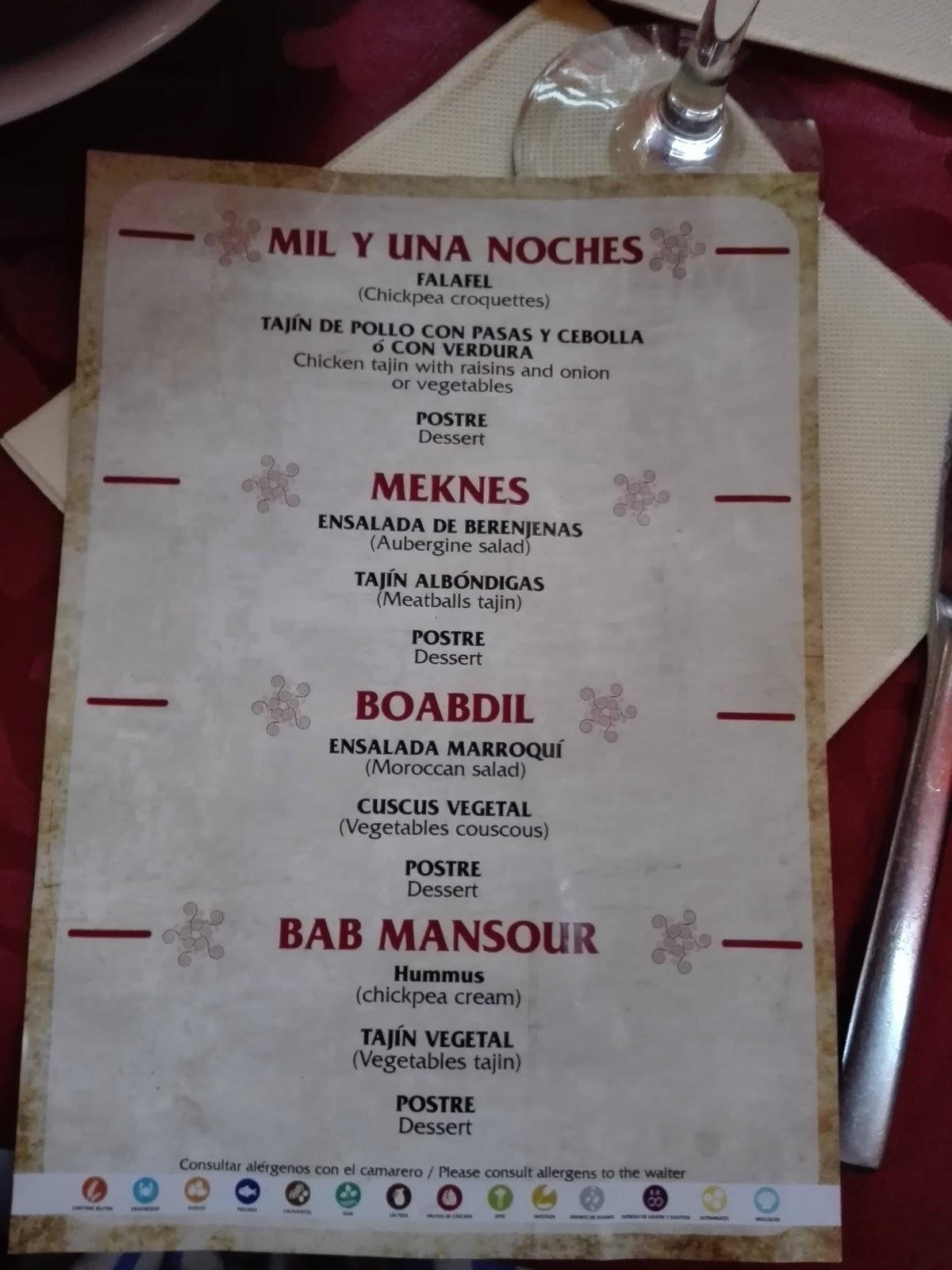 Menu at Bab mansour restaurant, Granada