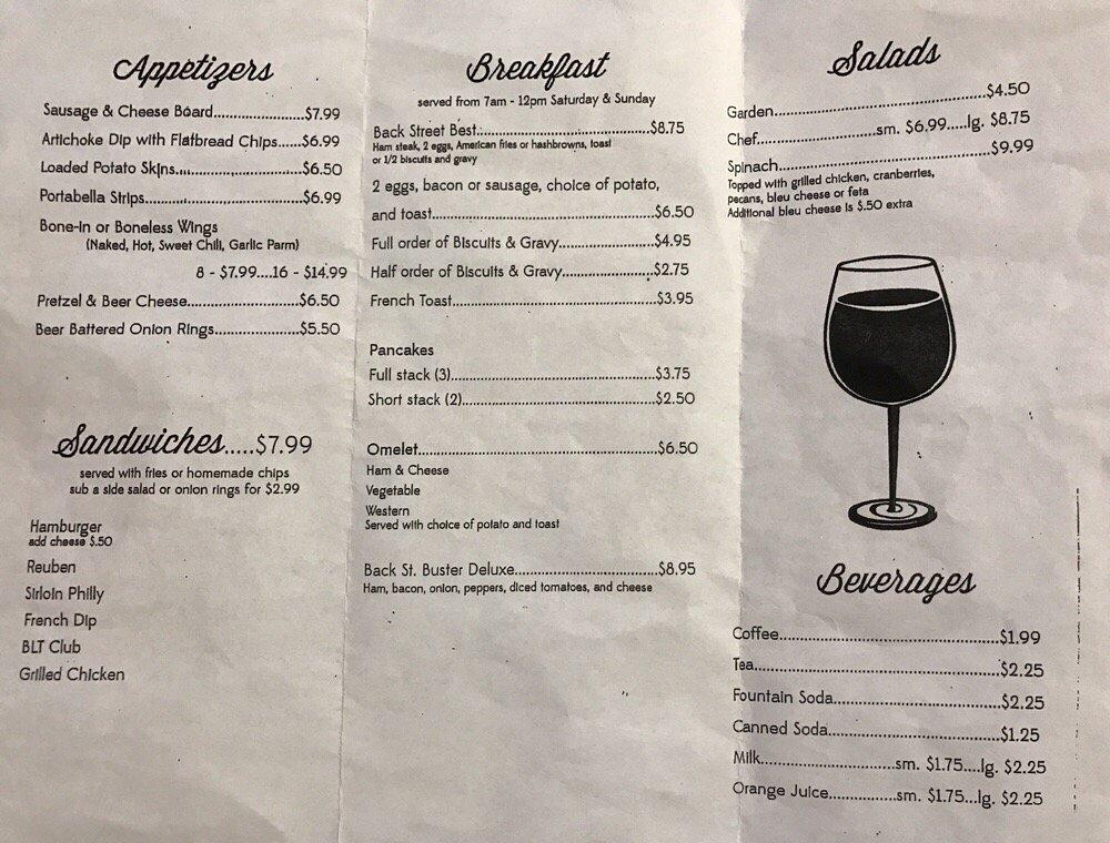 Menu at Backstreet Wine and Dine steakhouse, Hecker