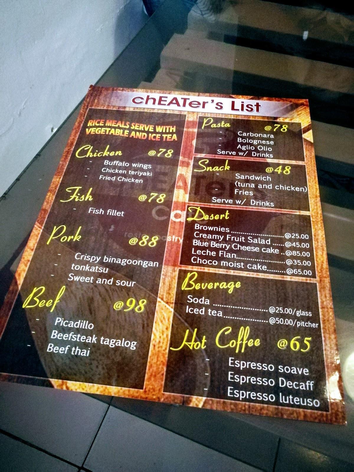 Menu at Cheaters Cafe, Davao City