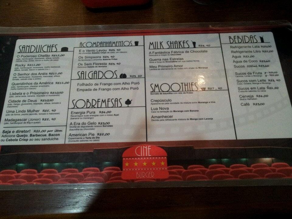 Menu at Cine Burger restaurant, Lauro de Freitas