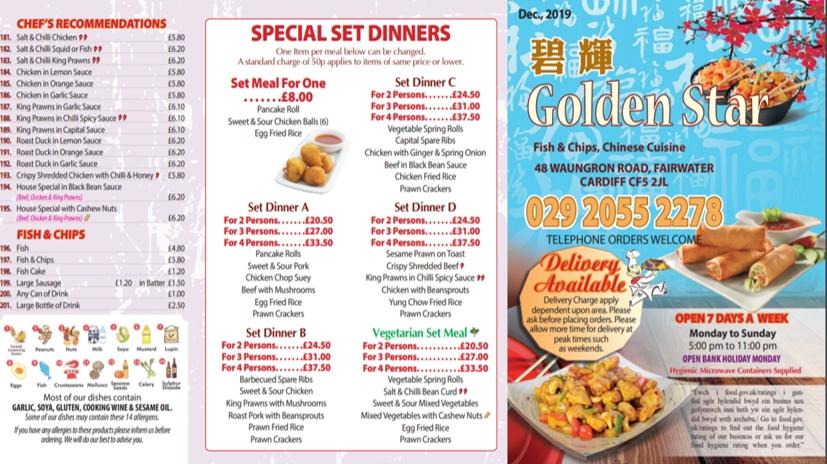 Menu at Golden Star Cardiff restaurant, Cardiff, 48 Waungron Rd