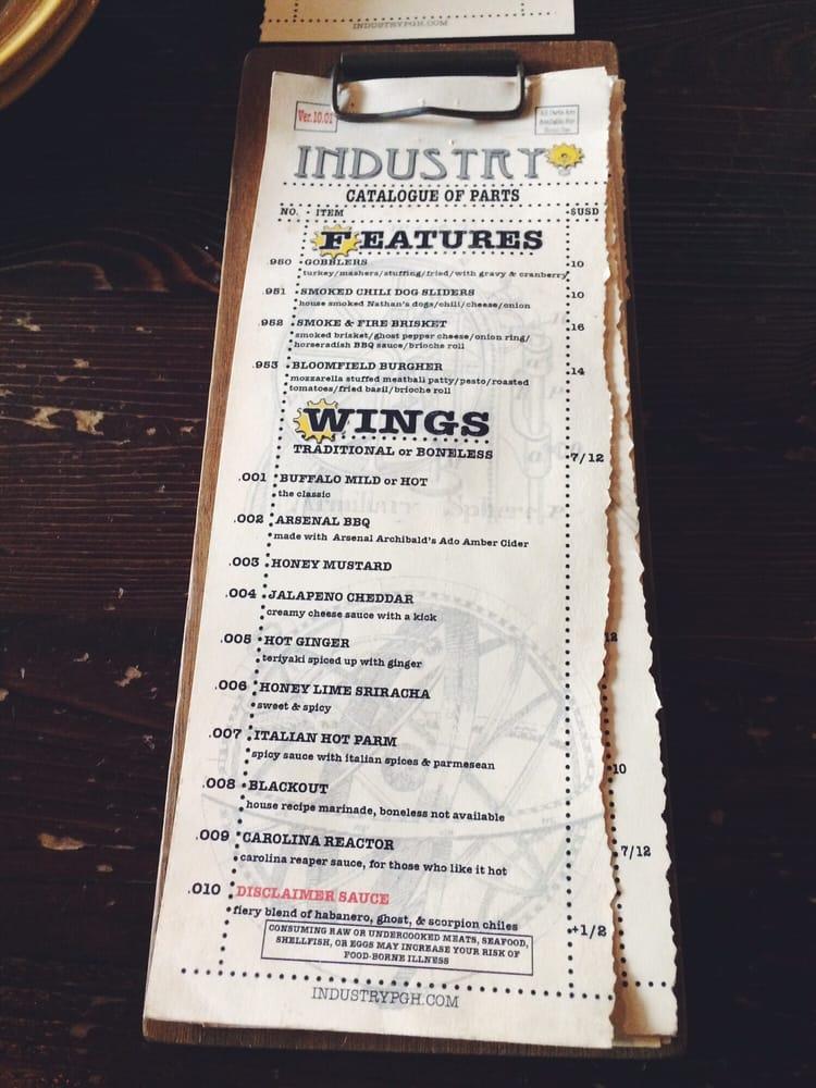 Menu at Industry Public House, Pittsburgh