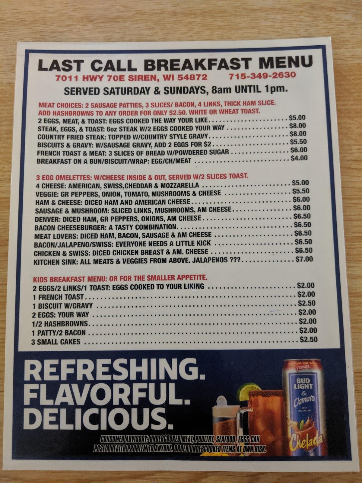 Menu at Last Call Bar N Grill, Siren