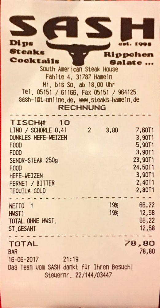 Speisekarte von SASH - South American Steak House steakhaus, Hameln ...
