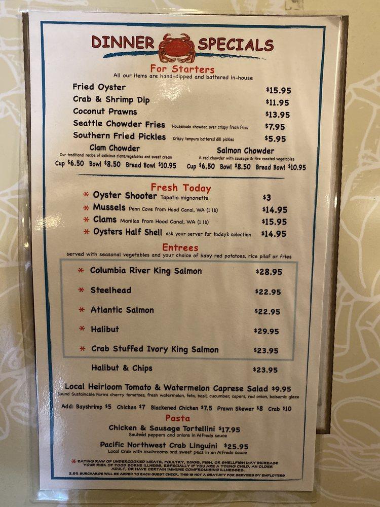 Menu at The Crab Pot Seattle restaurant, Seattle