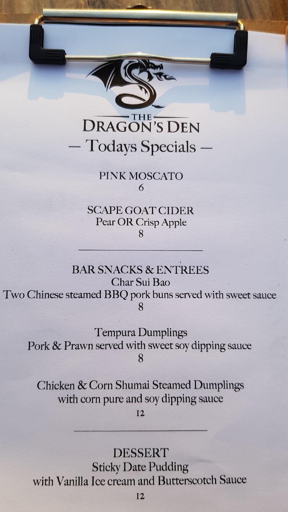 Menu at The Dragon's Den restaurant, Forster