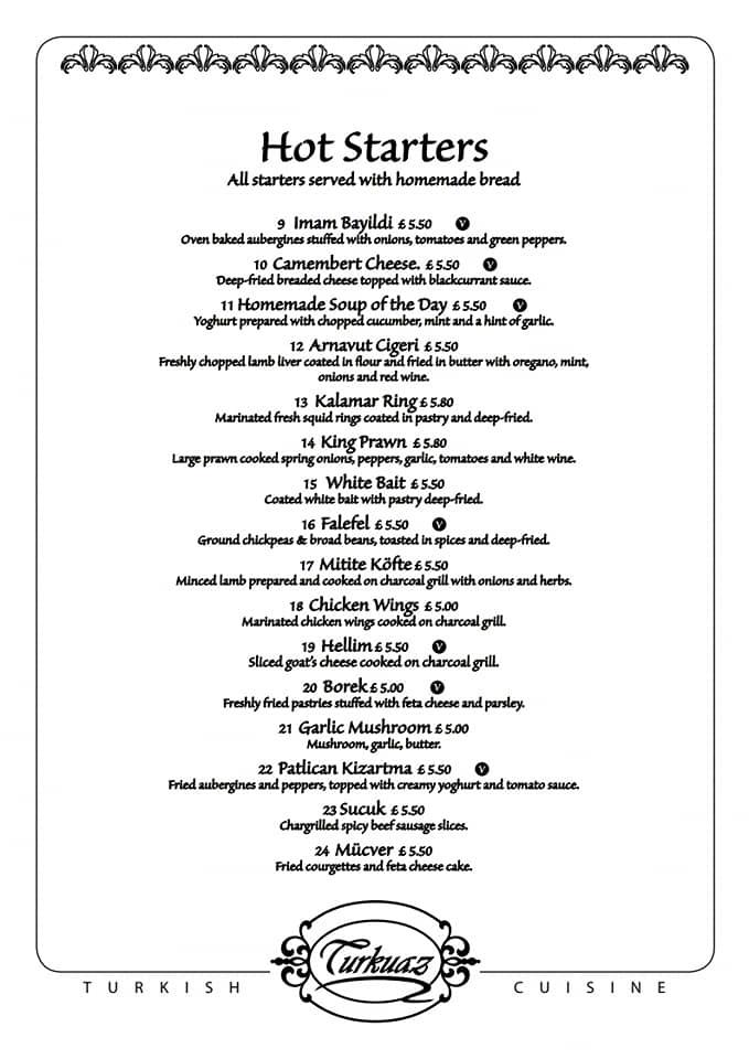 Menu at Turkuaz restaurant, Diss