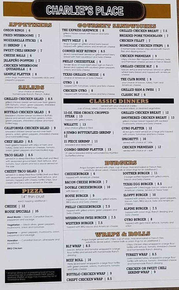 Menu at Charlie's Place restaurant, Hanover